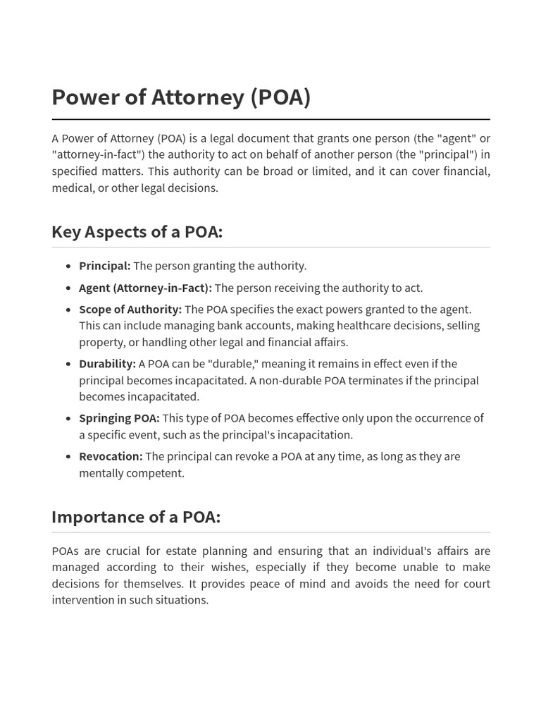 Understanding Power of Attorney (POA) | PDF