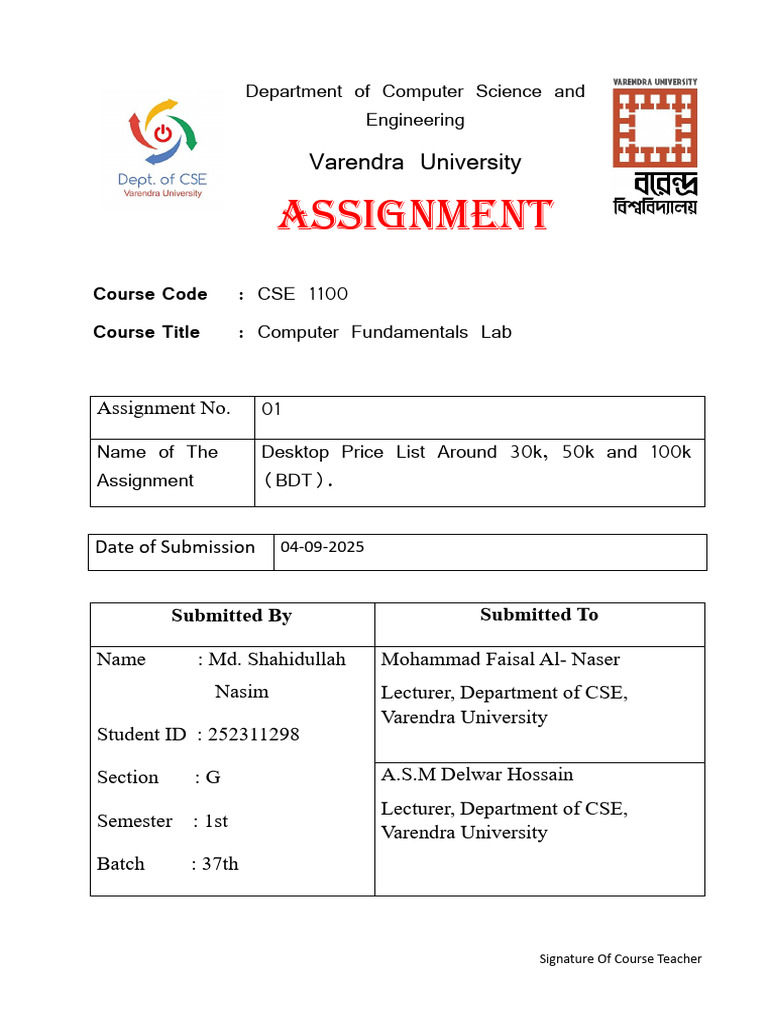 CSE Assignment Fornt Page | PDF | Computer Hardware | Personal Computers