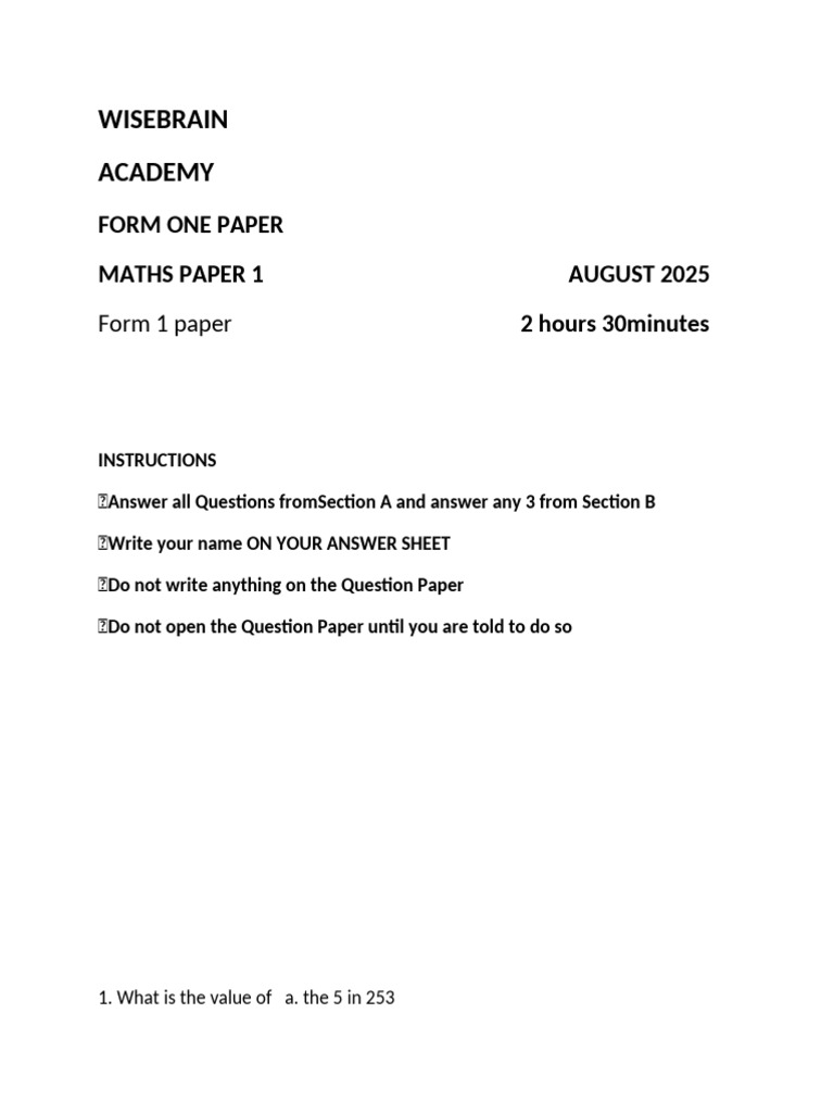 Maths Form 1 Paper 1 | PDF | Numbers | Elementary Mathematics