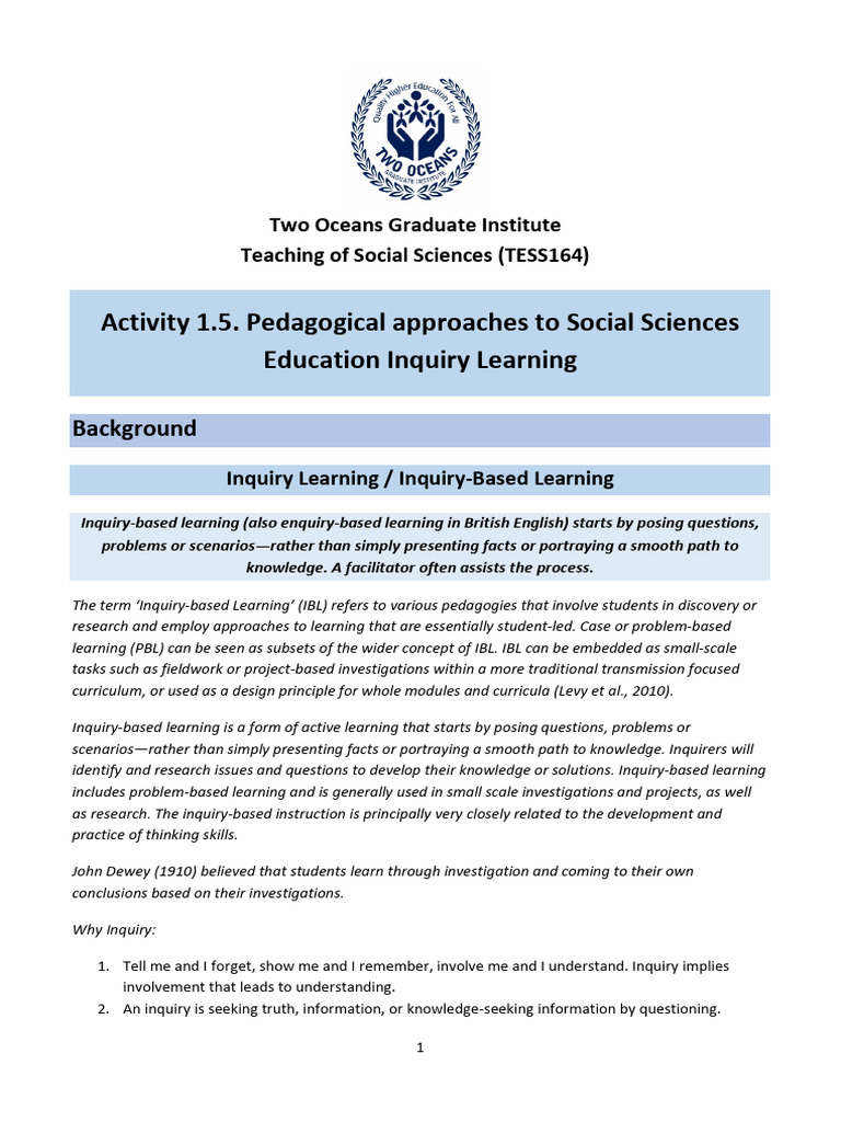 Activity 1.5 Pedagogical Approaches For Teaching SS Inquiry Learning | PDF | Inquiry Based ...