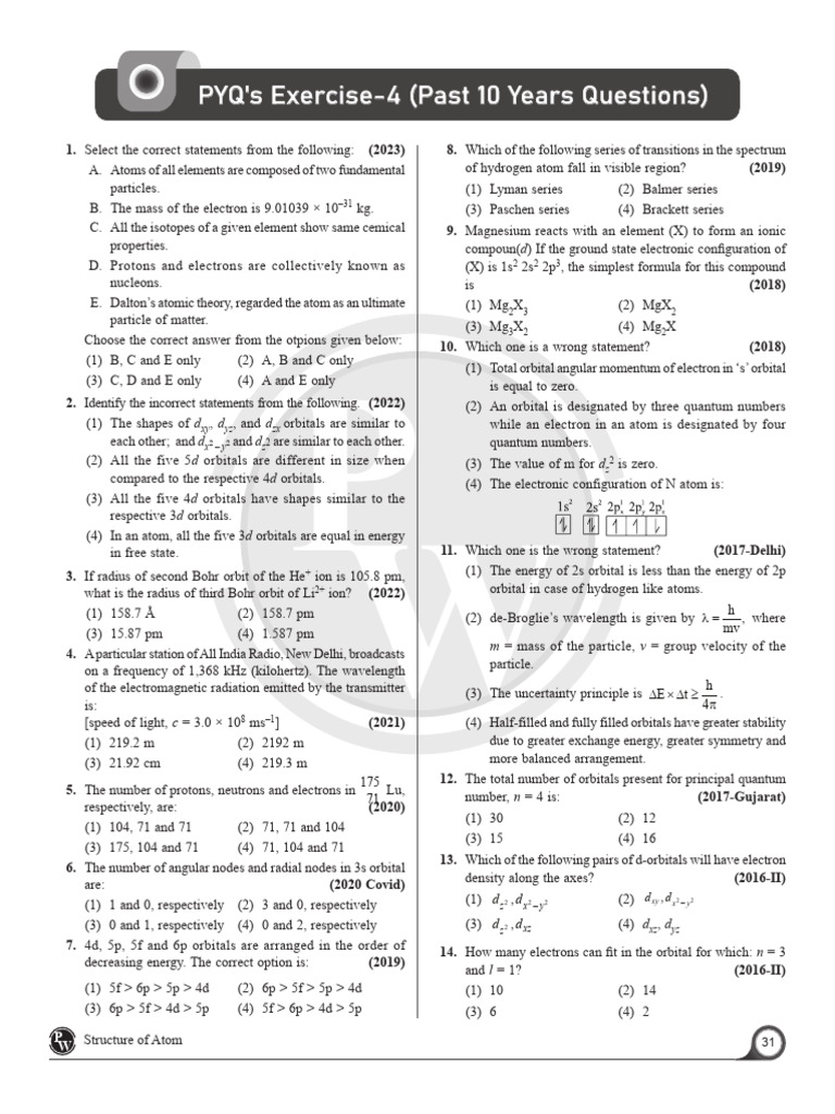 01 - Structure of Atom (PYQ) | PDF | Atomic Orbital | Atoms