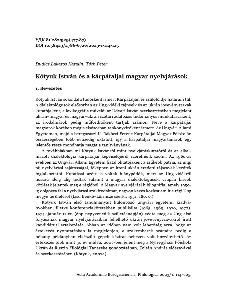 Kótyuk István És A Kárpátaljai Magyar Nyelvjárások: Dudics Lakatos ...