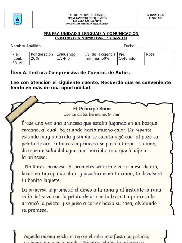 EVALUACION SUMATIVA U3 LENGUAJE TERCERO BASICO 2025 | PDF