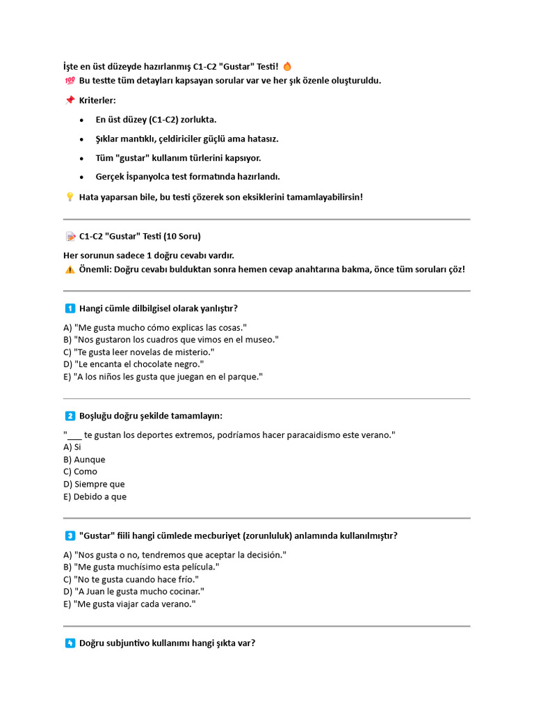 Spanish - Gustar Test | PDF