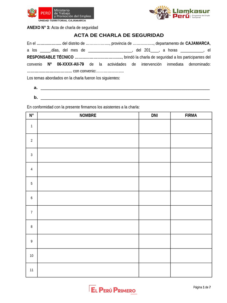 Formato Acta de Charla de Seguridad 2024 | PDF