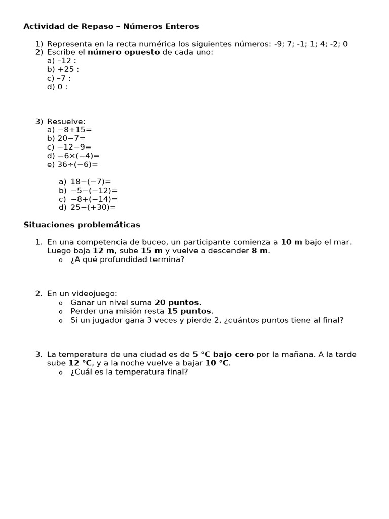 Actividad de Repaso Num Enteros | PDF
