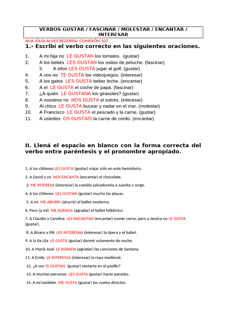 Práctica Del Verbo Gustar y Otros Similares | PDF