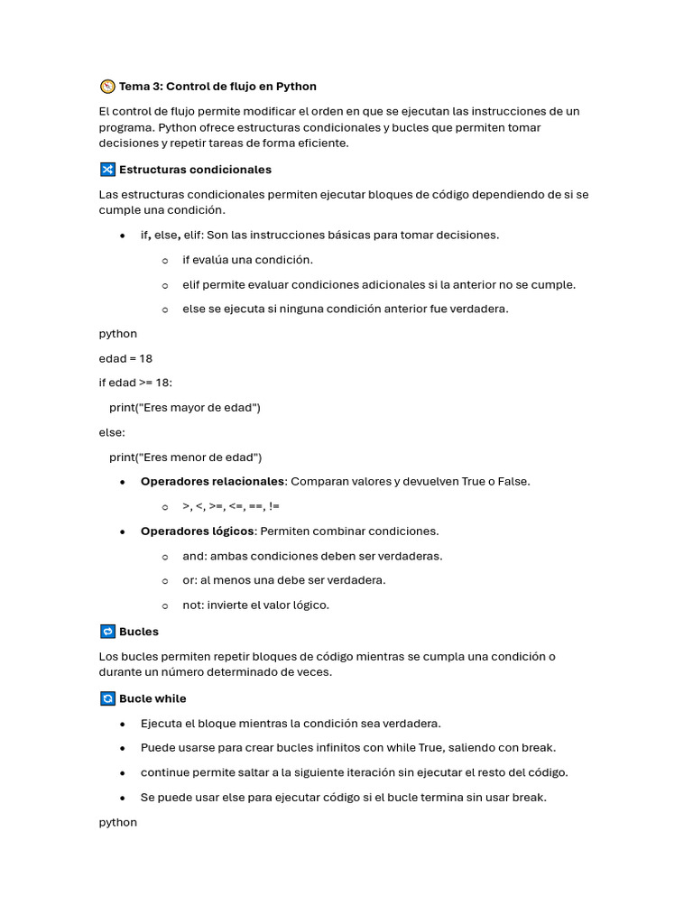 Resumen Python 3 | PDF | Python (lenguaje de programación) | Flujo de control