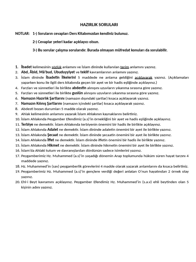 BİZAL 2.D 2.Y 9. Sınıf Hazırlık Soruları | PDF