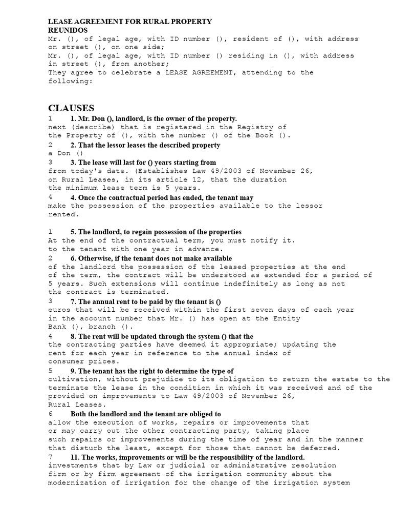 Model Lease Contract For Rustic Property | PDF | Lease | Leasehold Estate