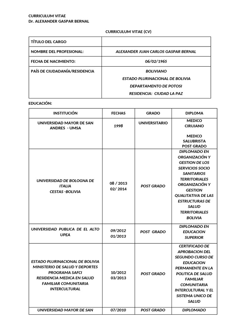 CV Dr. Alexander Gaspar Bernal | PDF | Bolivia