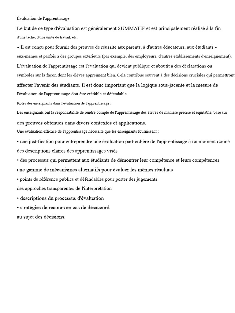 Évaluation de l'apprentissage : Types et rôles | PDF | Apprentissage ...