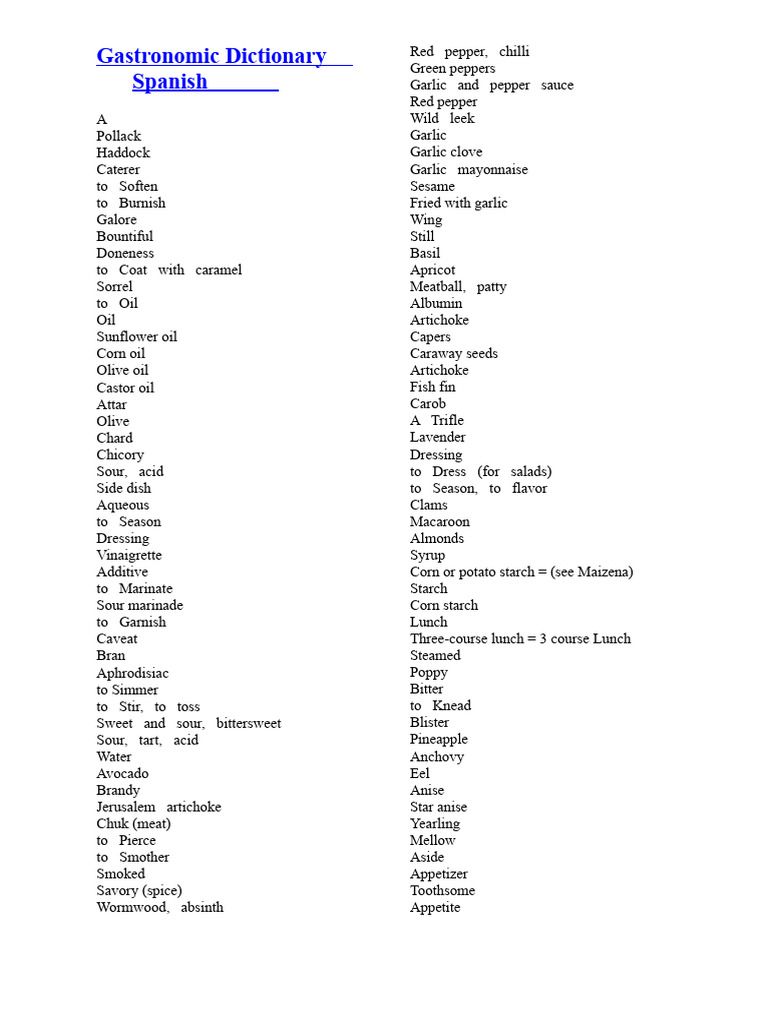 Spanish-English Gastronomic Dictionary | PDF | Steak | Sausage