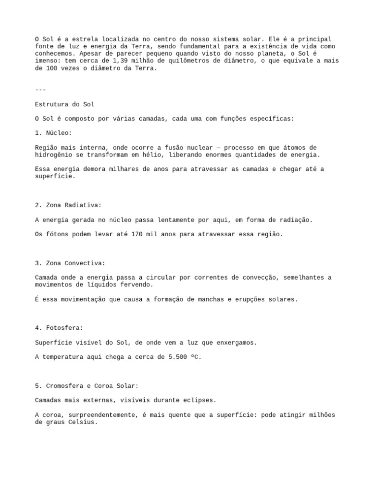 Estrutura e Função do Sol no Sistema Solar | PDF