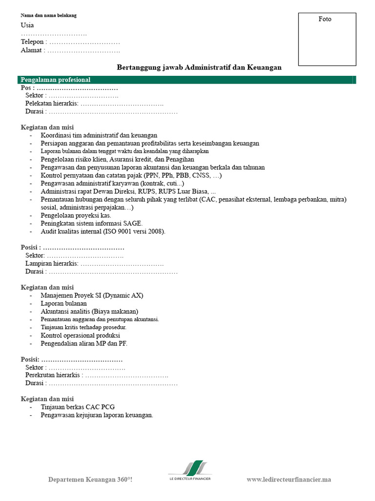 Model CV Kepala Administrasi Dan Keuangan | PDF