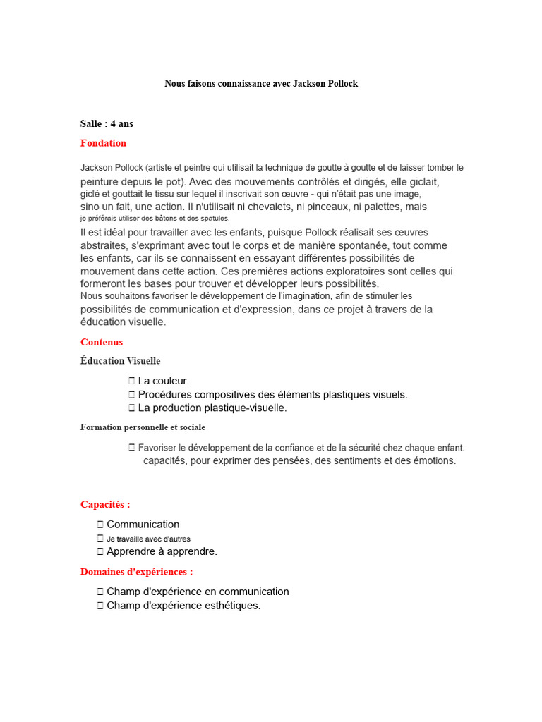 Découverte de Jackson Pollock pour enfants | PDF | Peintures | Arts