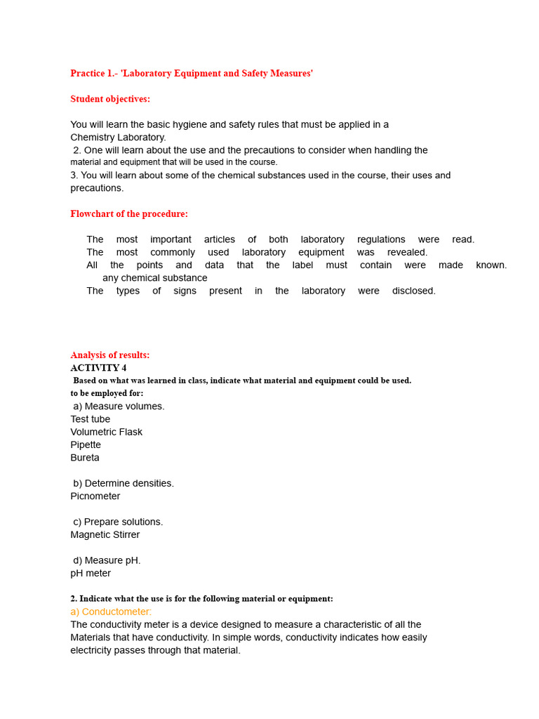 Chemistry Lab, Practice #1 - Laboratory Equipment and Safety Measures ...