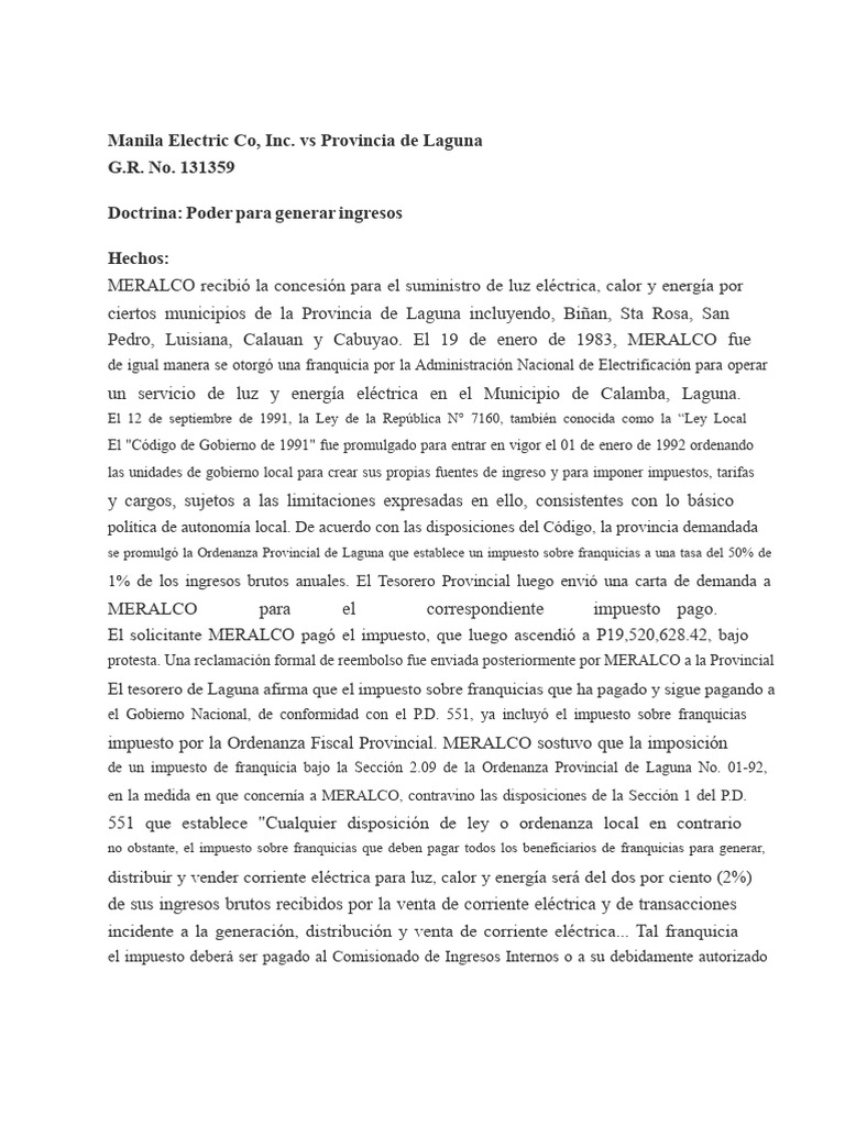 Meralco Contra La Provincia de Laguna Digest | PDF | Constitución | Impuestos