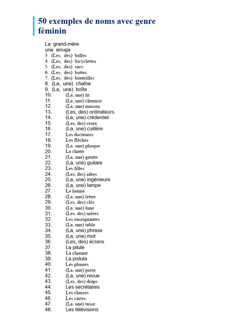 50 exemples de noms par genre et nombre | PDF | Genre grammatical ...