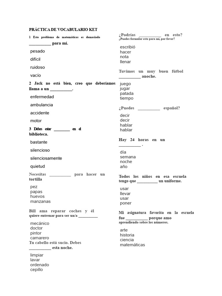 Práctica de Vocabulario Ket | PDF