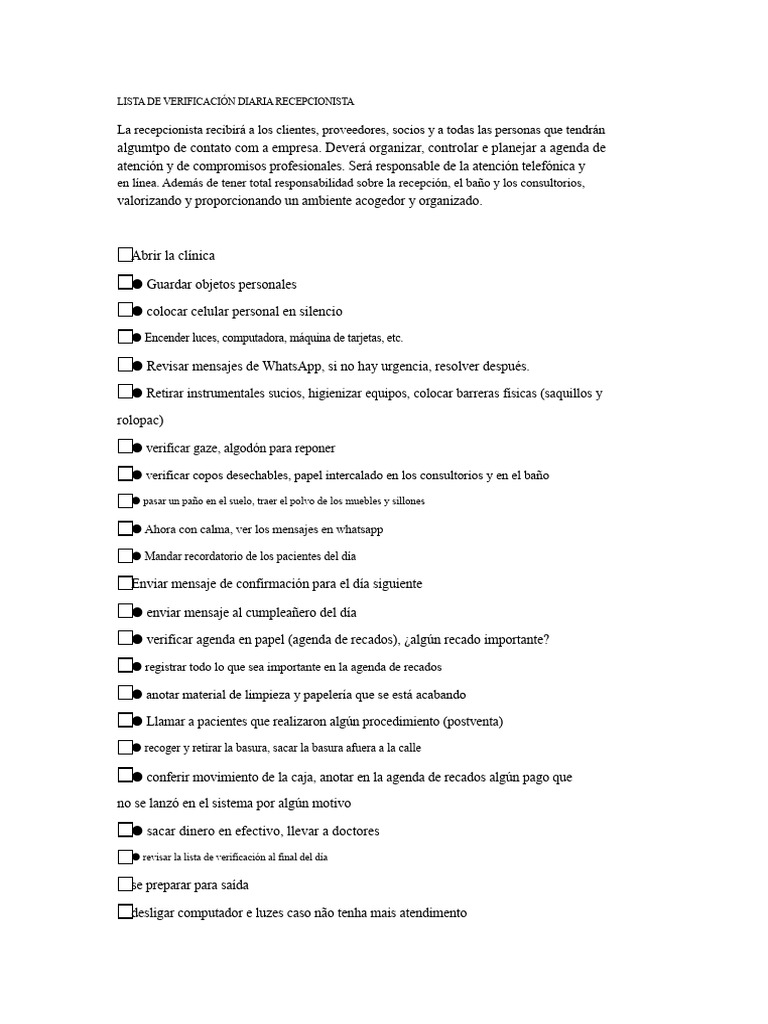 Checklist Diario para Recepcionistas | PDF