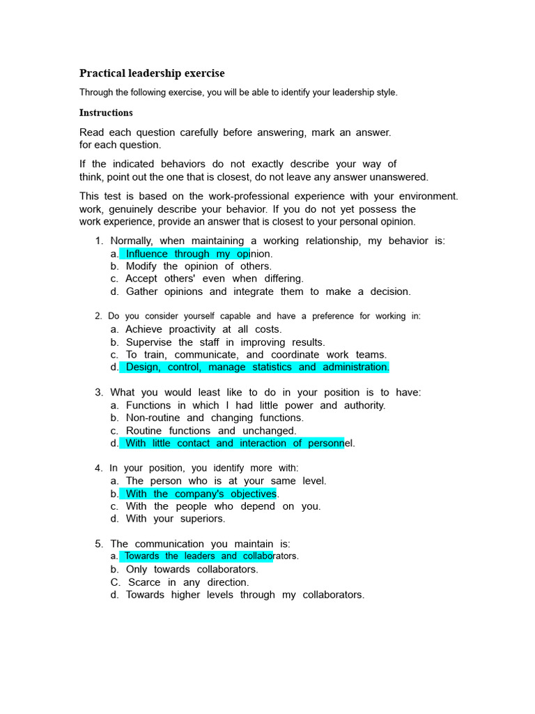 Identify Your Leadership Style Exercise | PDF | Leadership ...