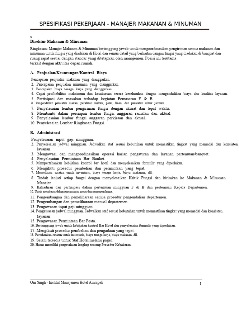 Spesifikasi Pekerjaan Manajer F&B | PDF