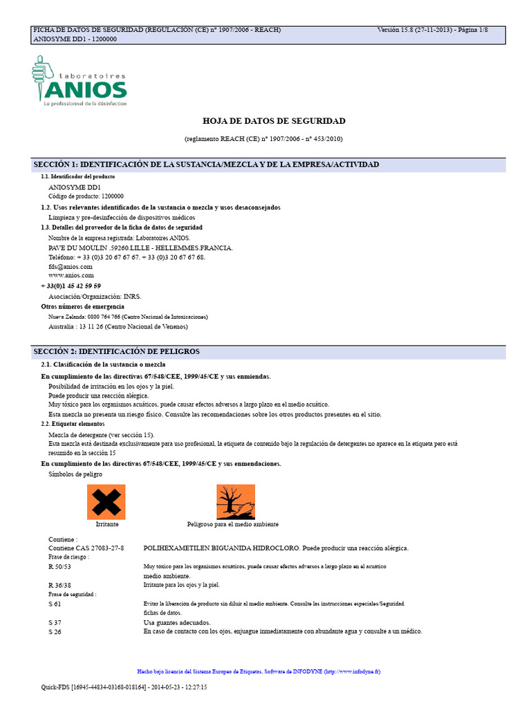 Ficha de Seguridad ANIOSYME DD1 REACH | PDF | Seguridad y salud ocupacional