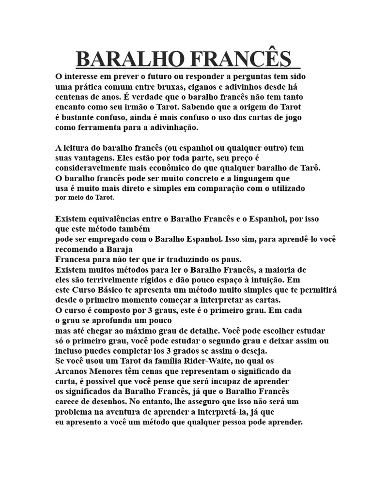 Leitura do Baralho Francês: Curso Básico | PDF | Cartas de baralho | Tarô