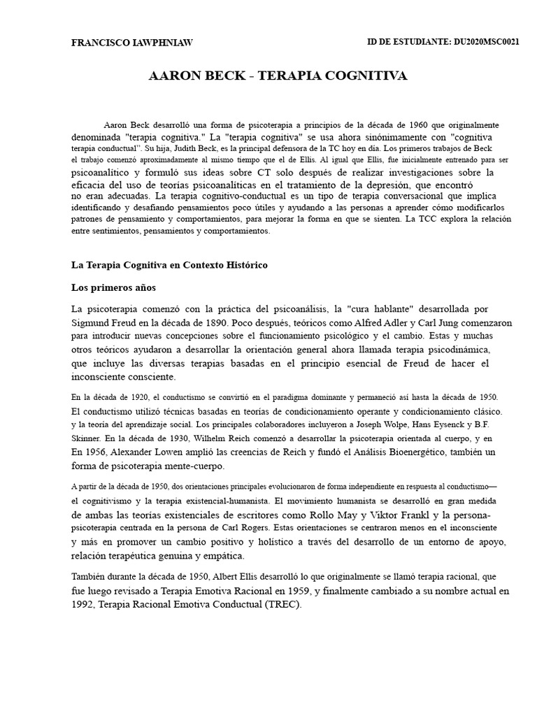 Terapia Cognitiva de Aaron Beck | PDF | Terapia cognitiva | Terapia de ...