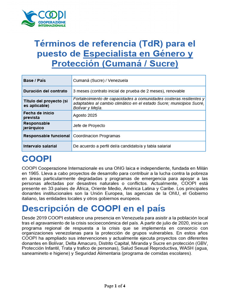 Especialista en Género y Protección COOPI | PDF | Resiliencia climática