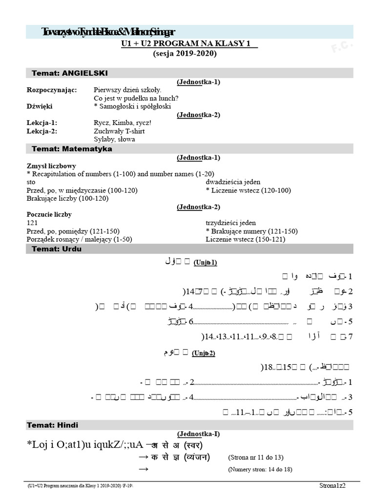 Program Nauczania Klasy 1 U1 U2 | PDF