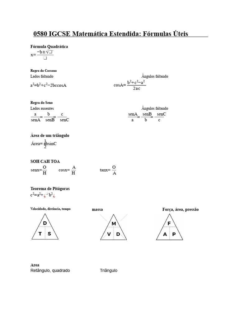 Fórmulas Úteis para Matemática IGCSE | PDF | Triângulo | Trigonometria