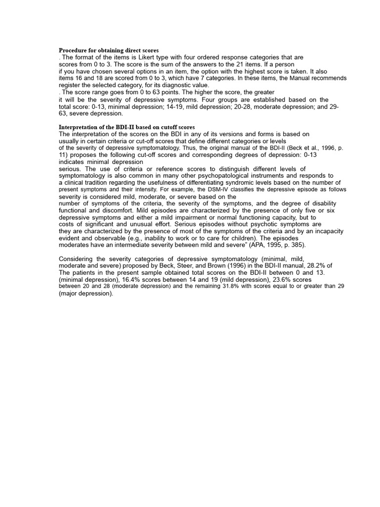 BDI-II Cutoff Scores and Interpretation | PDF | Major Depressive ...