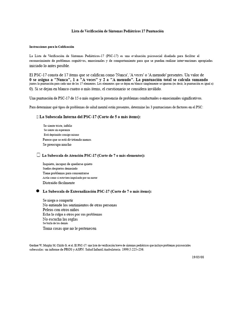 Instrucciones de Puntuación PSC-17 PDF | PDF