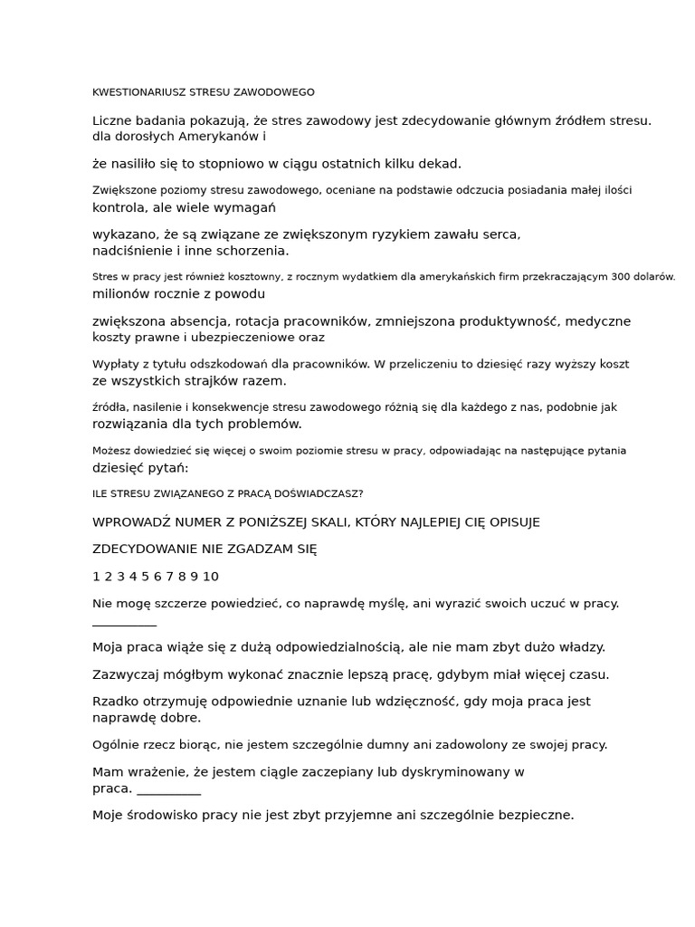 Kwestionariusz Stresu Zawodowego | PDF