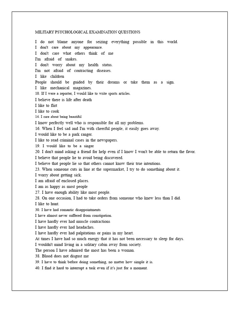 Military Psychological Evaluation Questions | PDF | Psychological ...