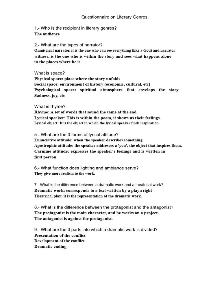 Understanding Literary Genres Questionnaire | PDF