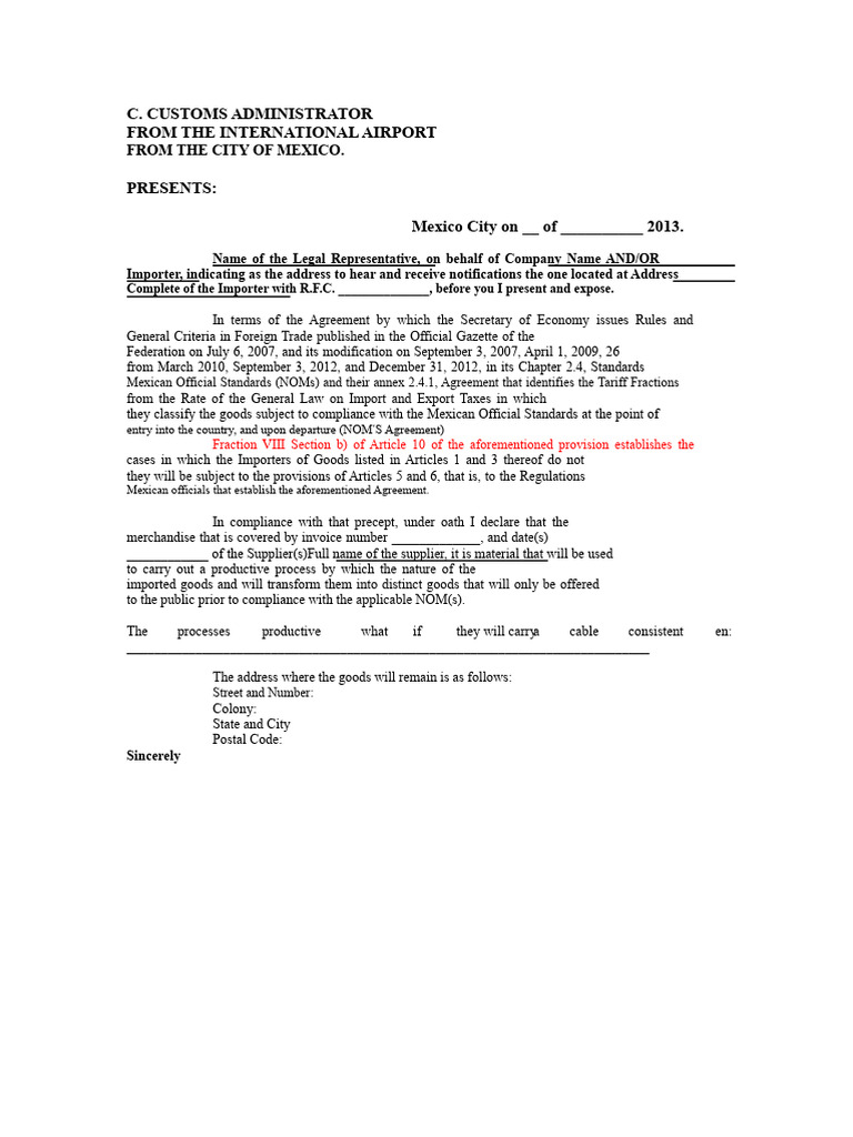 Letter Format Nom Customs Aicm | PDF