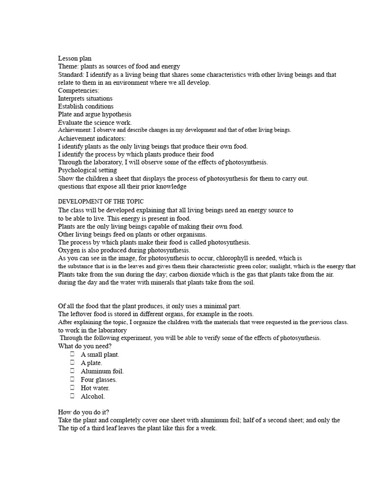 Photosynthesis Lesson Plan for Kids | PDF | Photosynthesis | Plants
