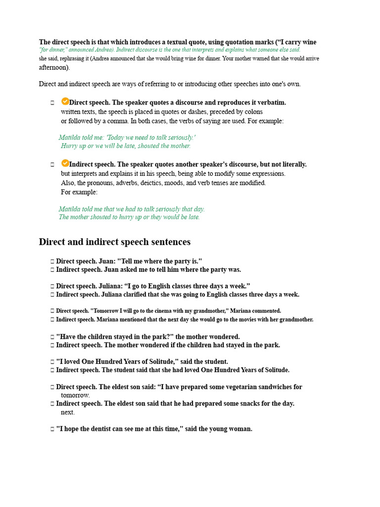 Direct and Indirect Speech Examples | PDF | Grammar | Syntax