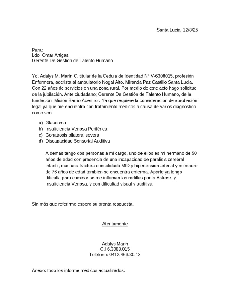 Solicitud de Jubilación por Salud Adalys Marín | PDF