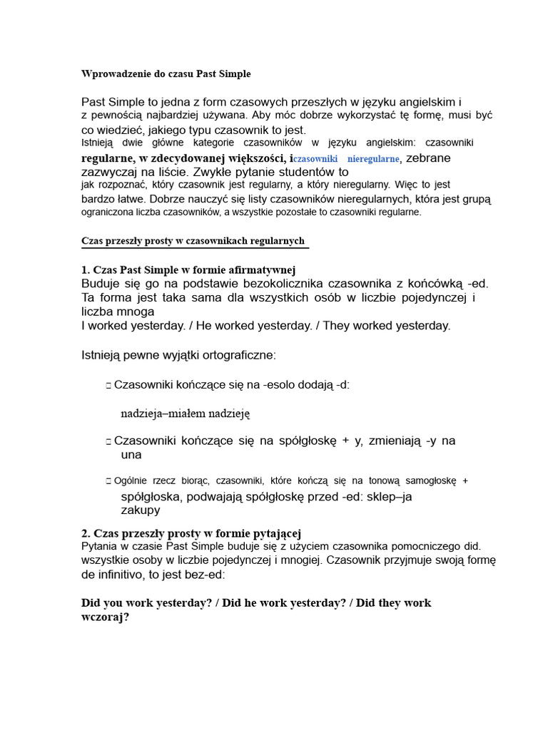 Wprowadzenie Do Czasu Przeszłego Prostego | PDF