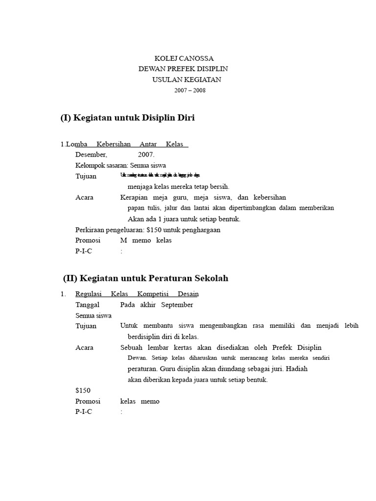 Kegiatan Disiplin Siswa Kolej Canossa 2007-2008 | PDF