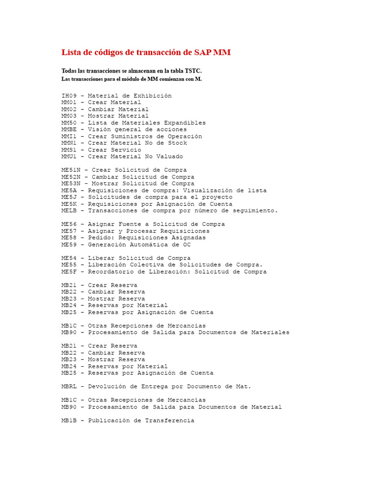 Códigos de Transacción SAP MM | PDF | Obtención | Informática