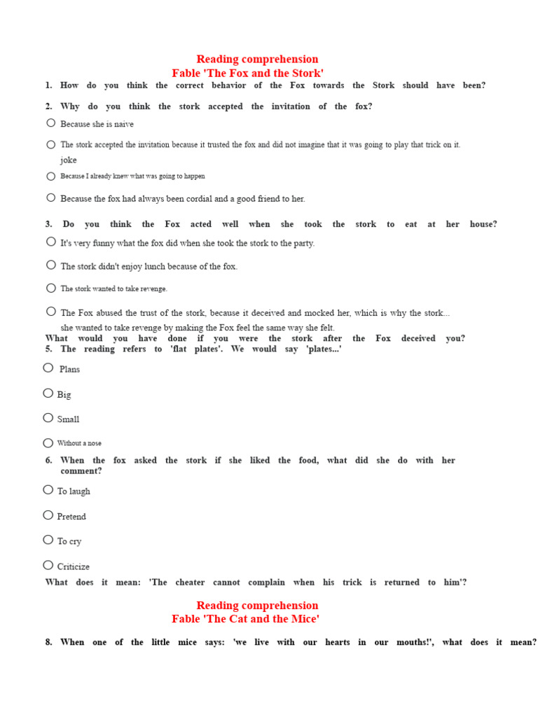 Reading Comprehension Fables | PDF