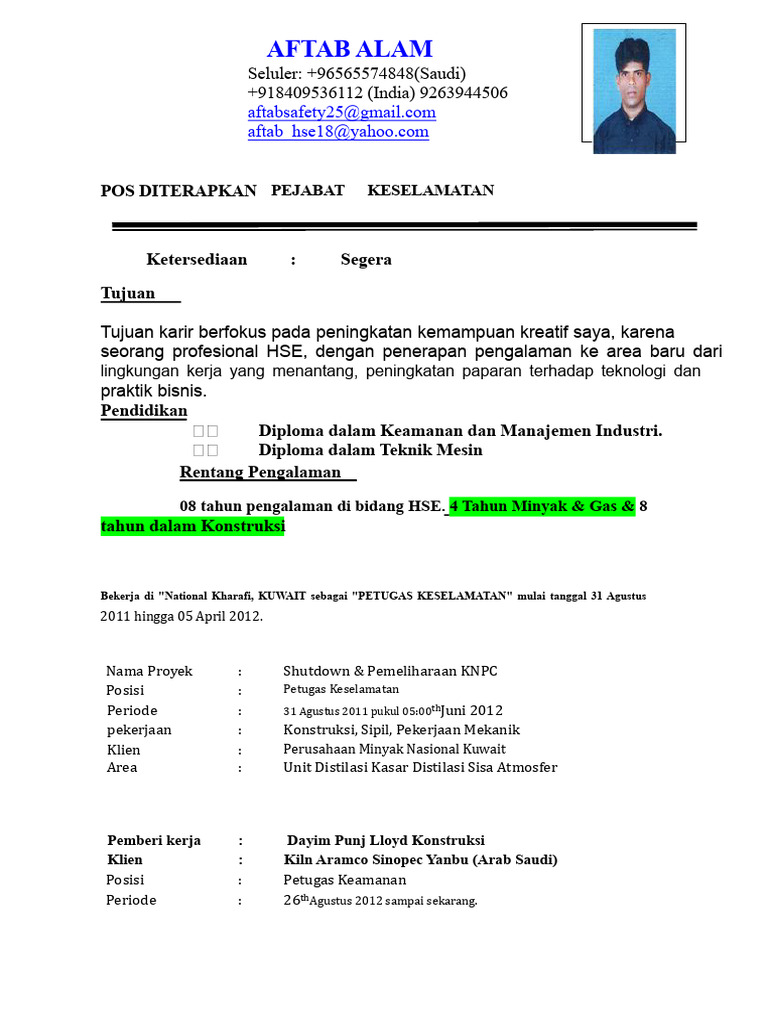 Profil Profesional HSE Aftab Alam | PDF