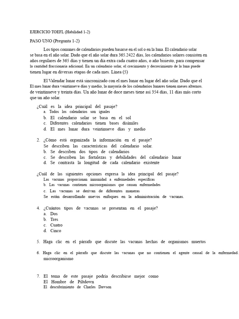 Ejercicio TOEFL 1-2 | PDF | Calendario | Vacunas