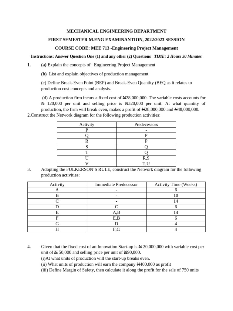 Mee 713 - Engineering Project Management First Semester 2022-2023 ...