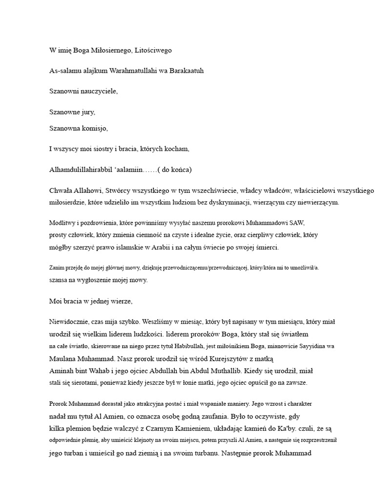 Przemówienie - Prorok Muhammad Jest Prawdziwym Wzorem Do Naśladowania | PDF